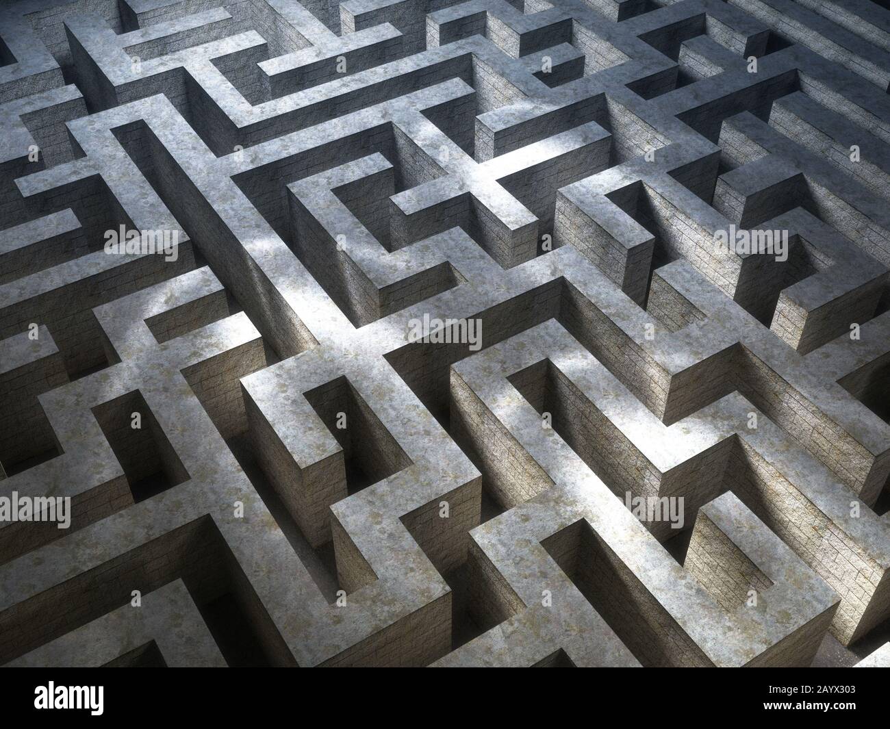 Dark stone labyrinth with dramatic light. Maze pattern. 3D Rendering ...