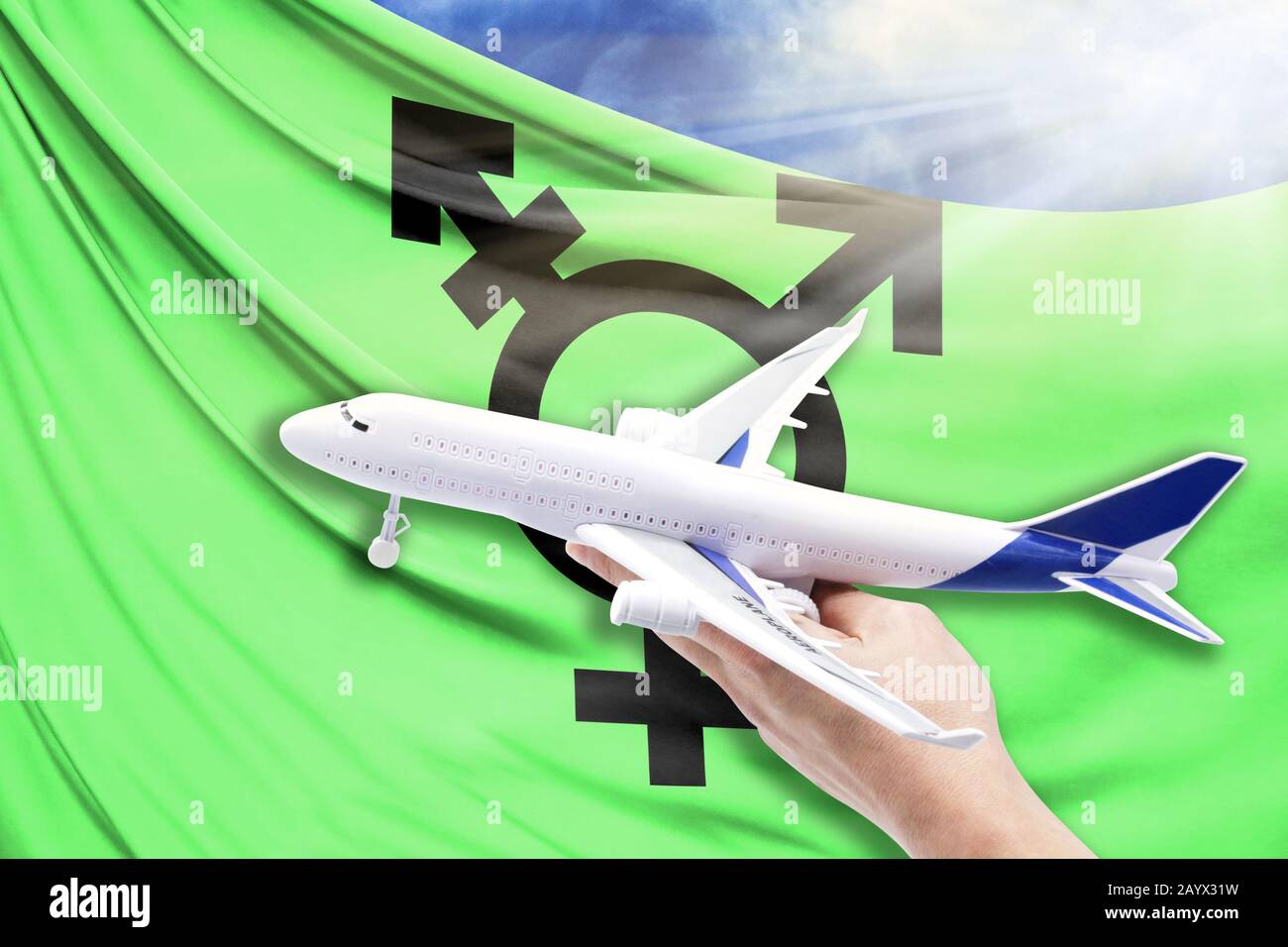 Airplane in hand with national flag of Israeli Transgender on a ...