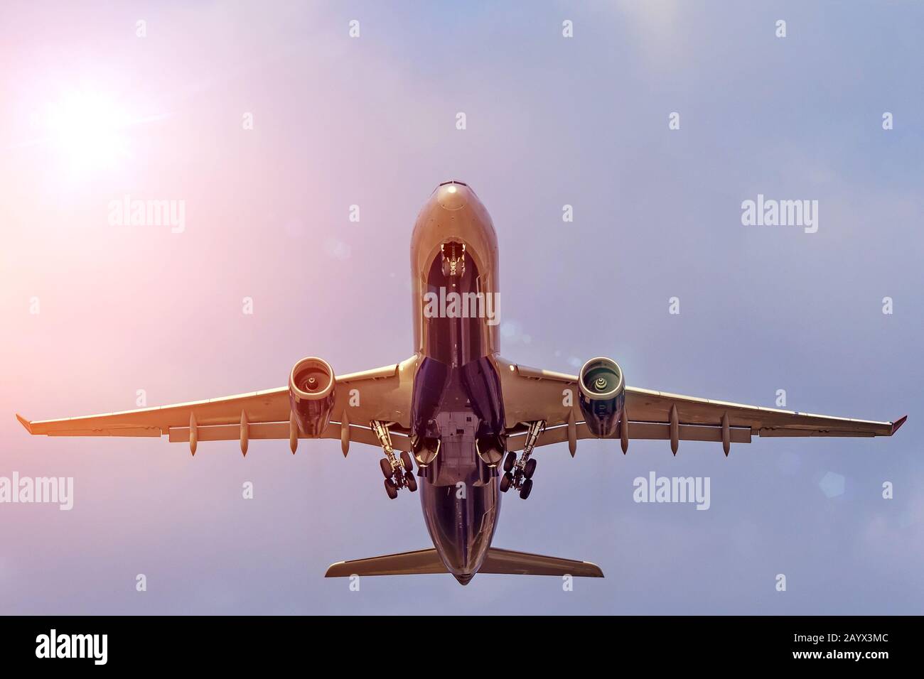 Airplane take off with retractable landing gear up in runway Stock ...