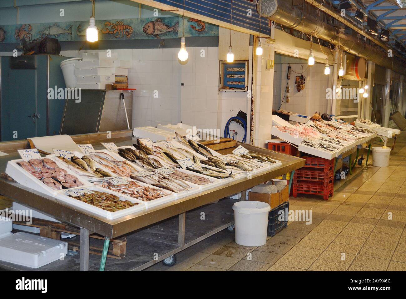 Greece, different fresh sea food in the public fish market in Kavala ...