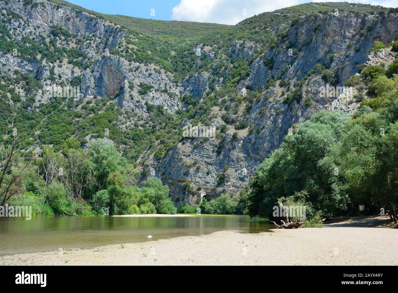 Greece, Nestos River Gorge with tunnel of Drama - Xanthi railway along ...