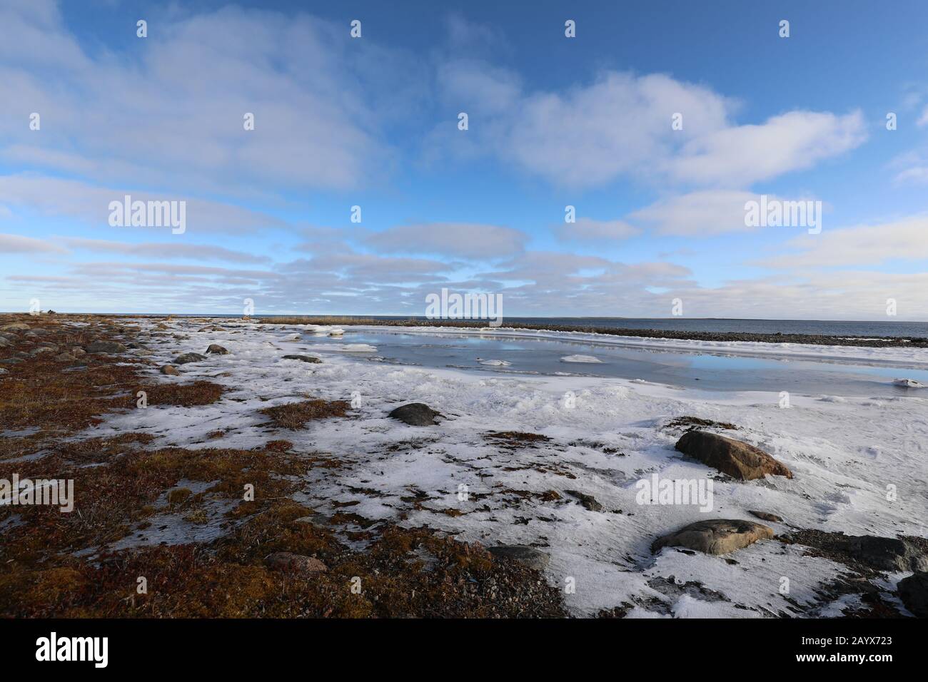 Arctic landscape with ice forming near a small lake and blue sky and ...