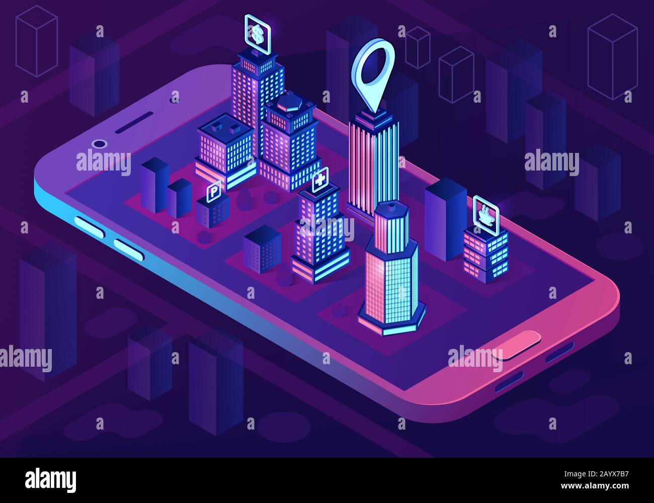 Smart city isometric architecture concept. Web banner with neon ...