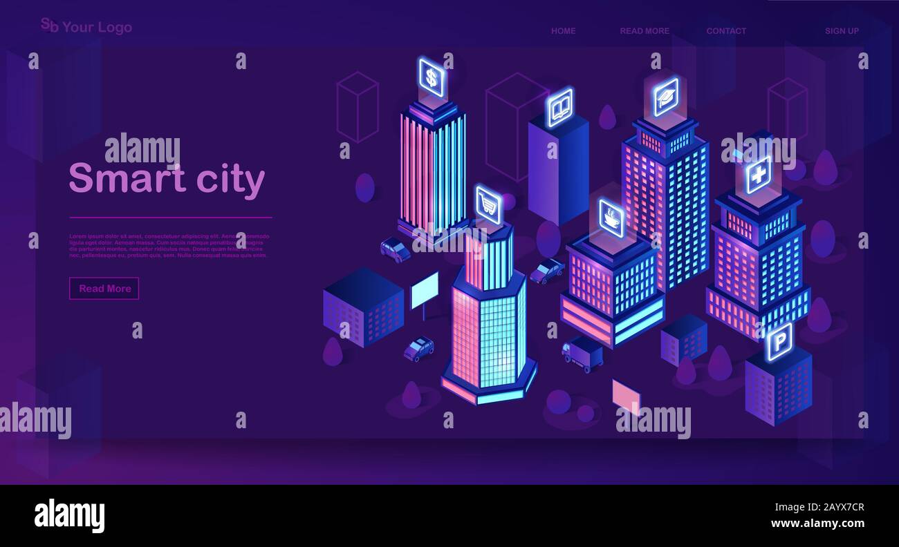 Smart city isometric architecture concept. Web banner with neon modern ...