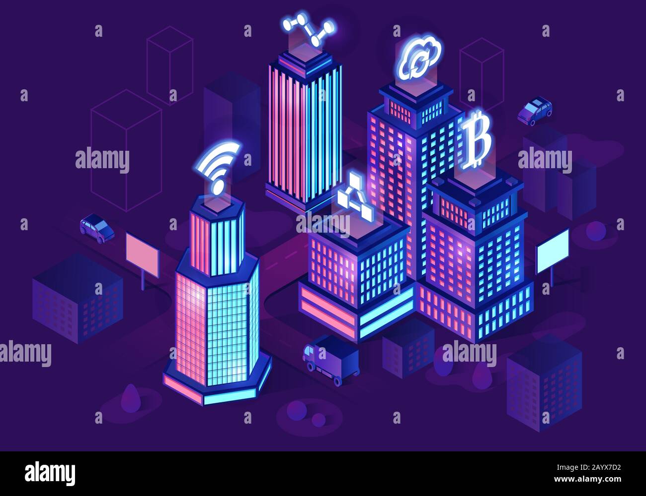 Smart buildings isometric architecture concept. Web banner with neon ...