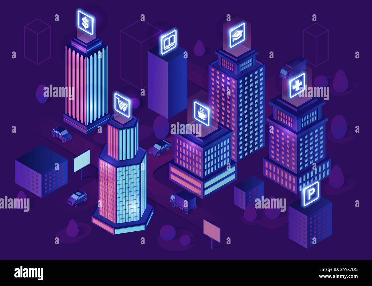 Smart city isometric architecture concept. Web banner with neon modern ...