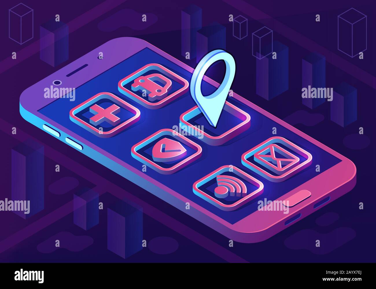 Smart city app isometric architecture concept. Web banner with ...