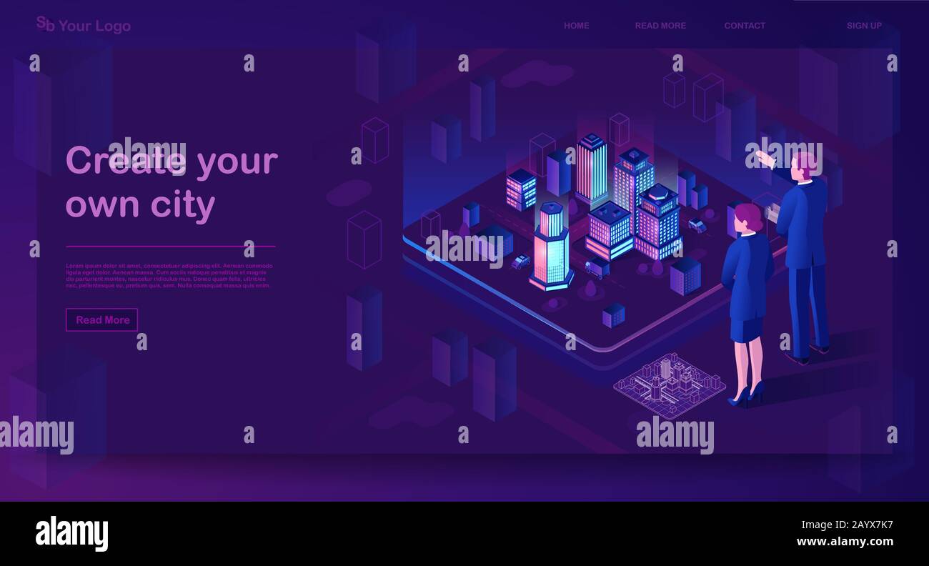 Smart city isometric banner. Business center with smart buildings ...