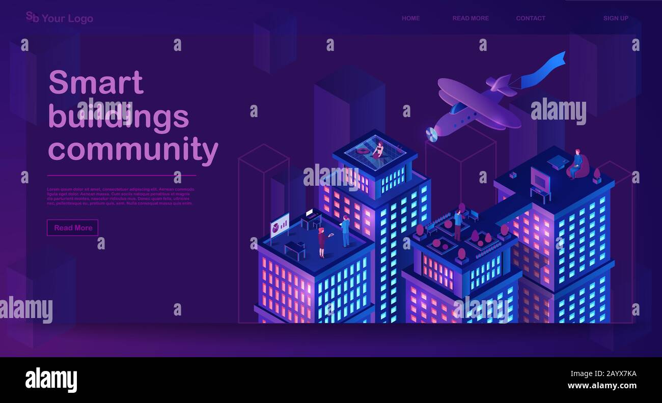 Smart buildings isometric banner. Neon futuristic city architecture ...
