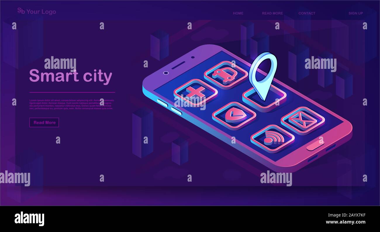 Smart city app isometric banner. Futuristic smartphone with application ...