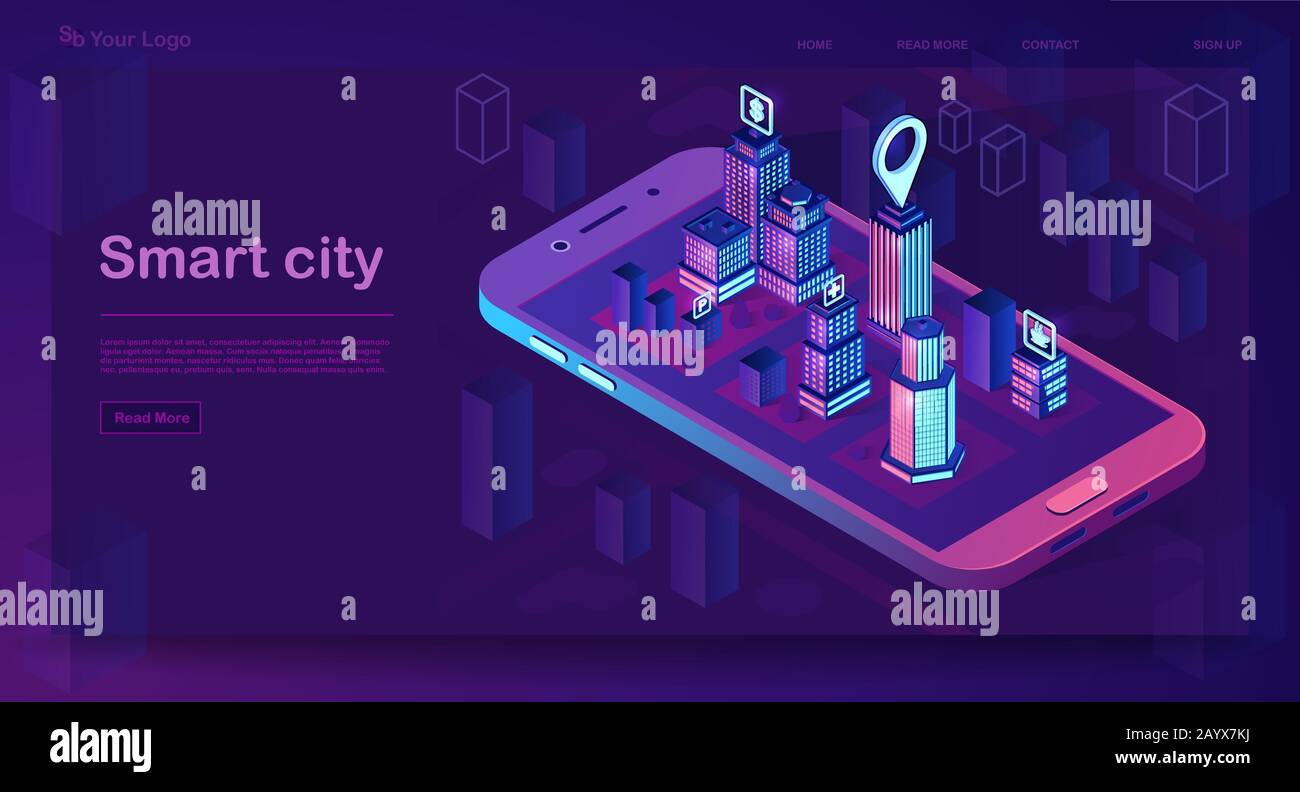 Smart city isometric architecture concept. Web banner with neon ...