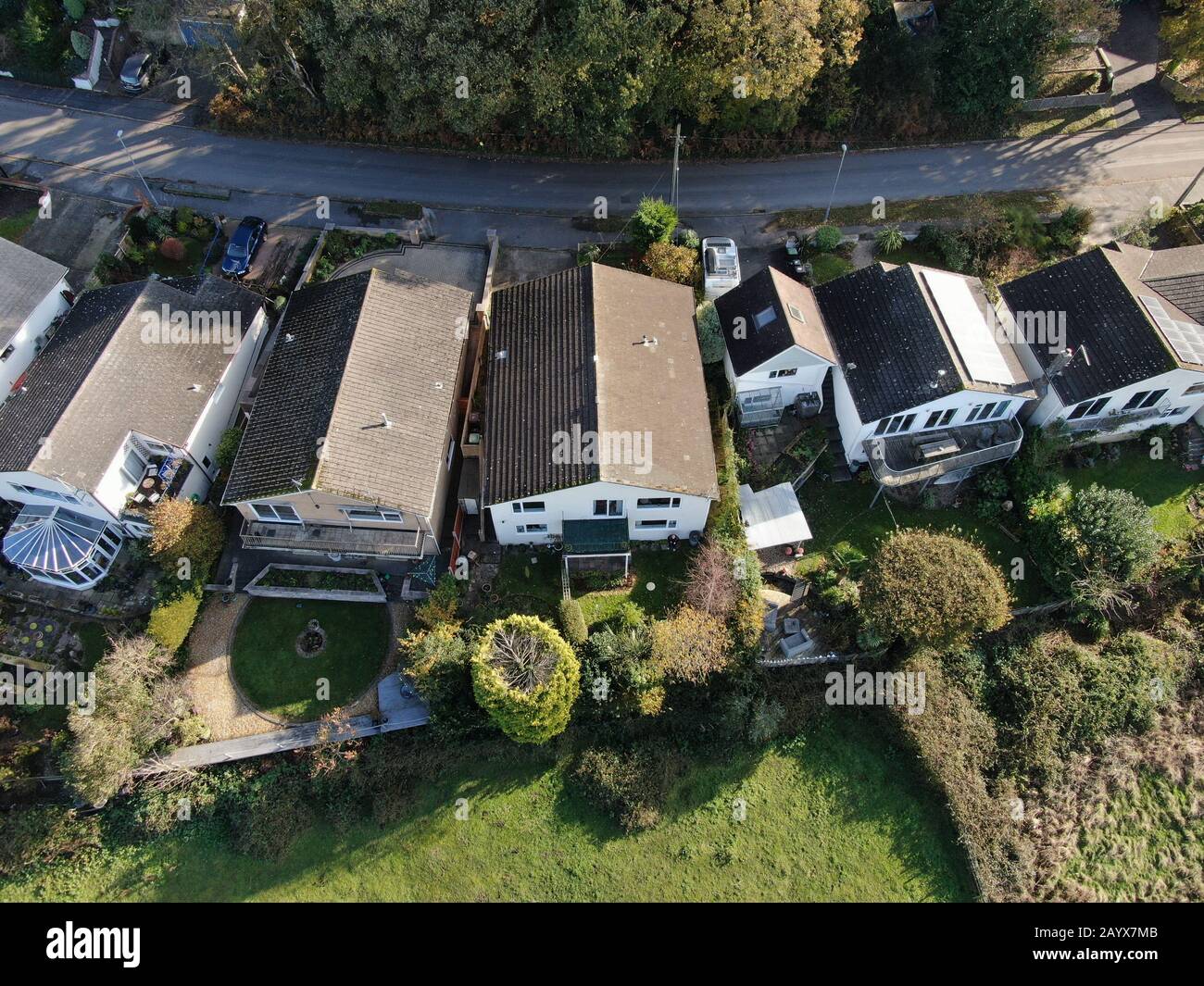 an aerial view of neat houses and gardens in a suburban setting Stock ...
