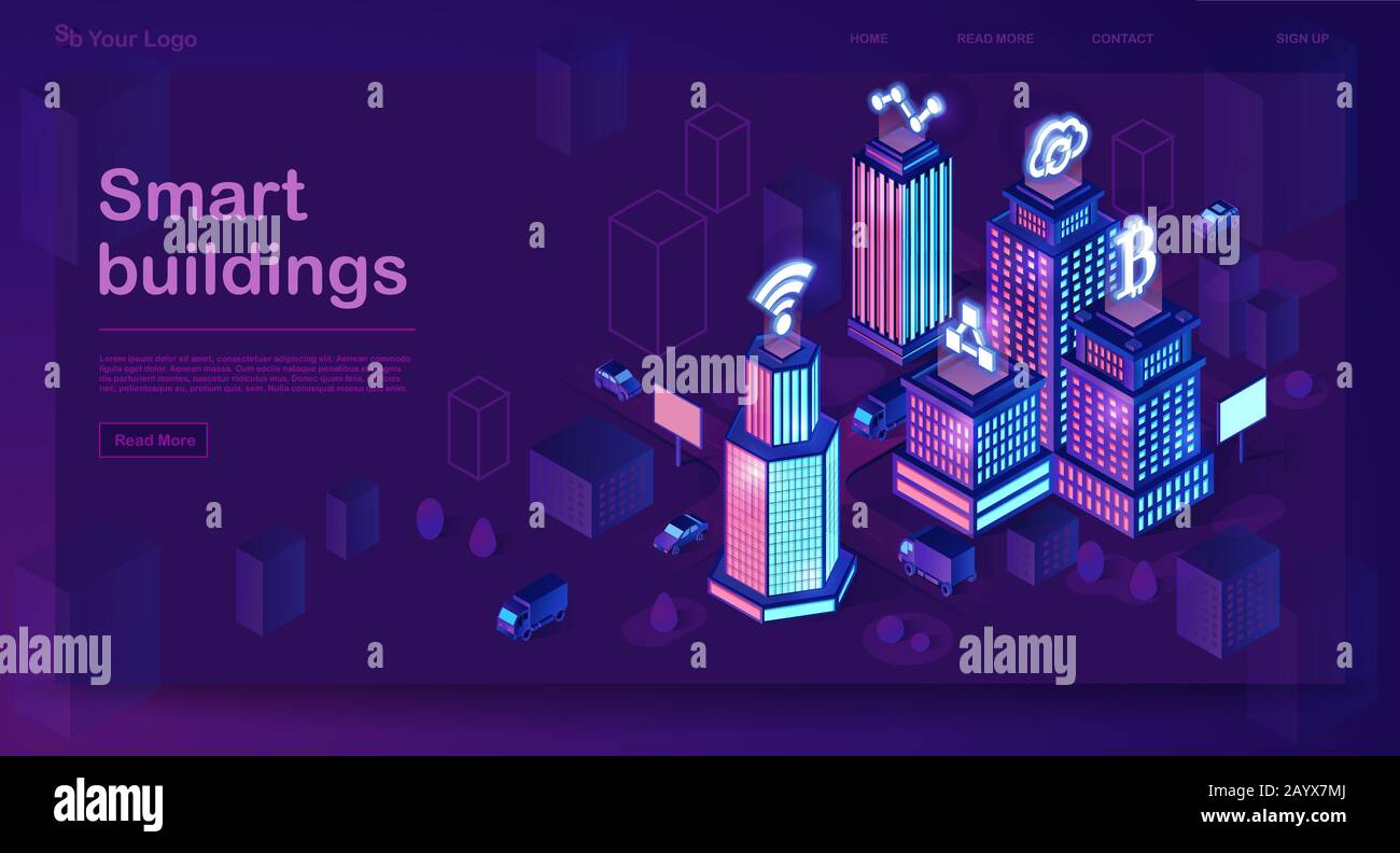 Smart buildings isometric architecture concept. Web banner with neon ...