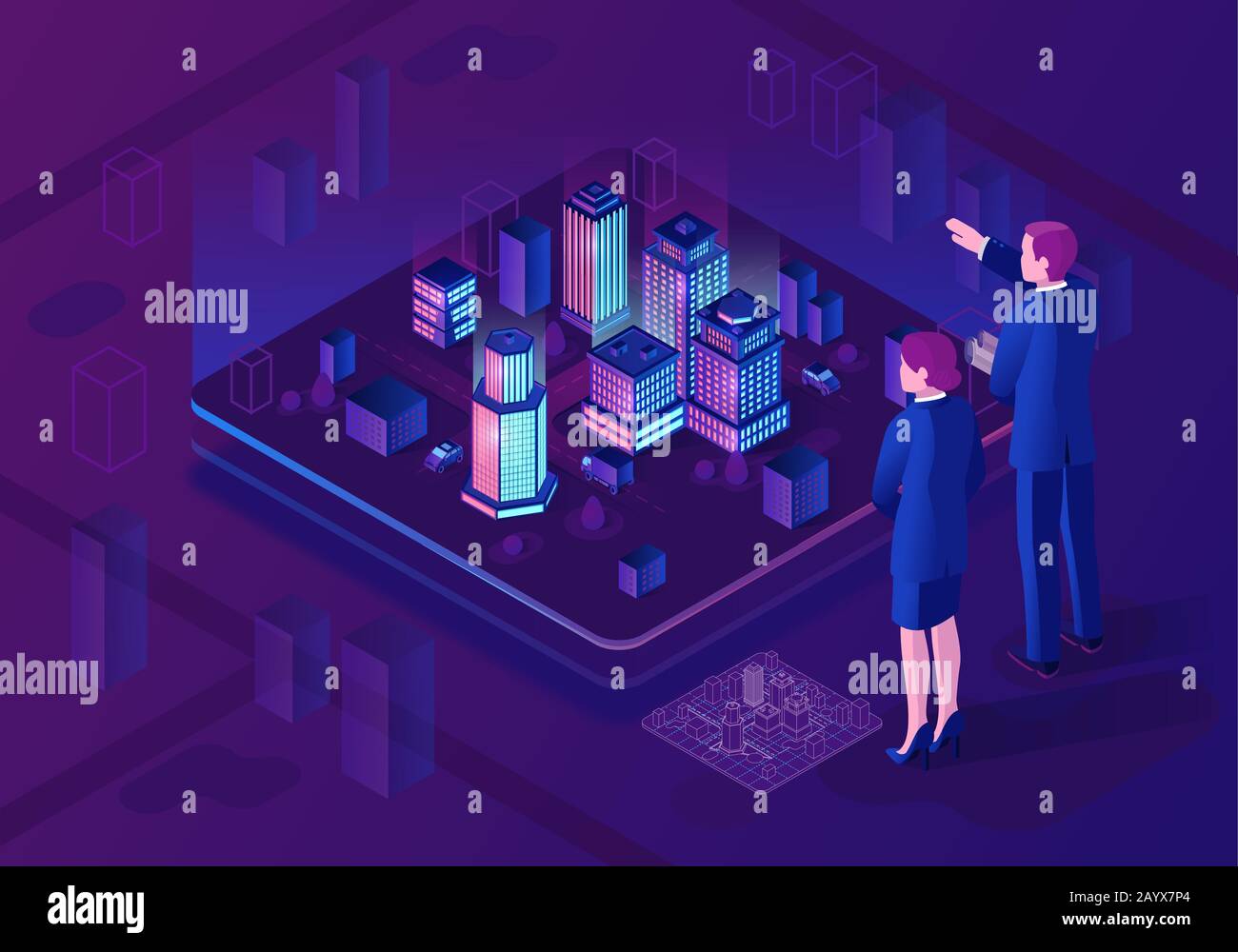 Smart city isometric illustration. Business center with smart buildings ...