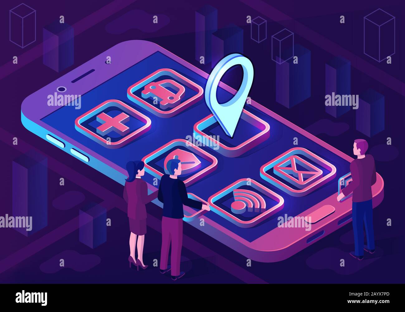 Smart city app isometric architecture concept. Web banner with ...