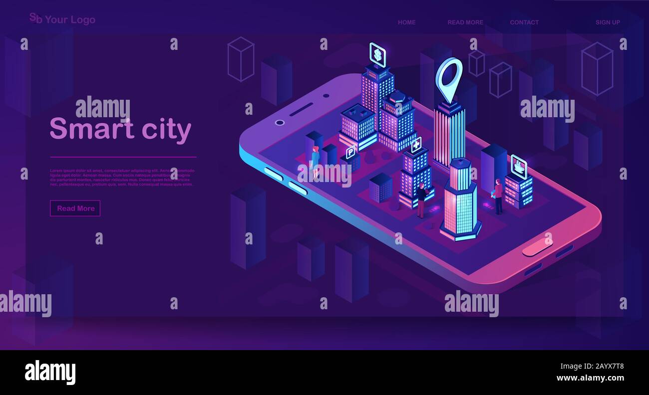 Smart city isometric architecture concept. Web banner with neon ...