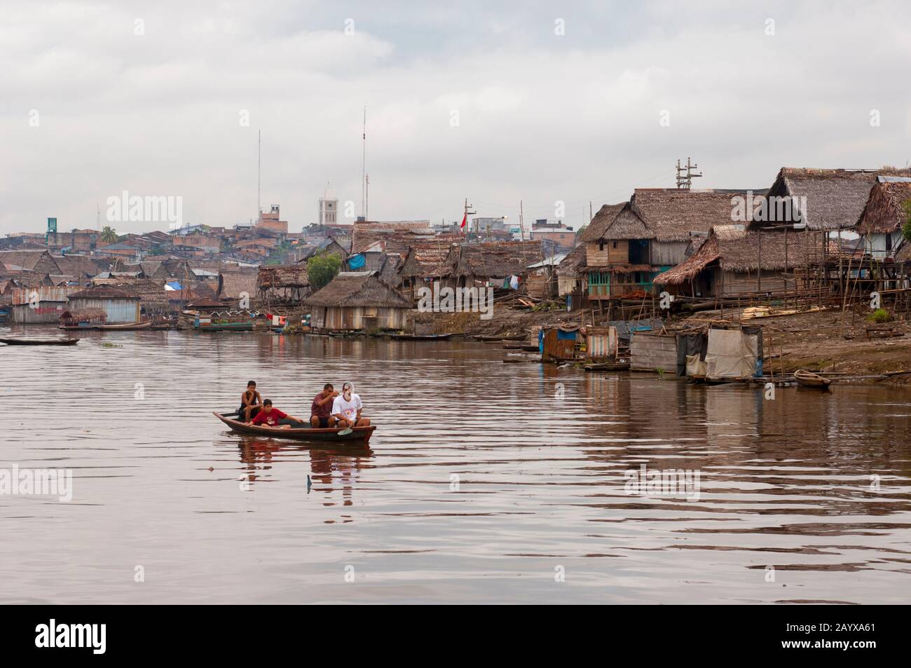 View of floating houses and huts in Belem in Iquitos, a city on the ...