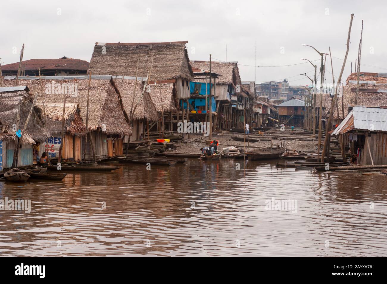 View of floating houses and a street in Belem in Iquitos, a city on the ...