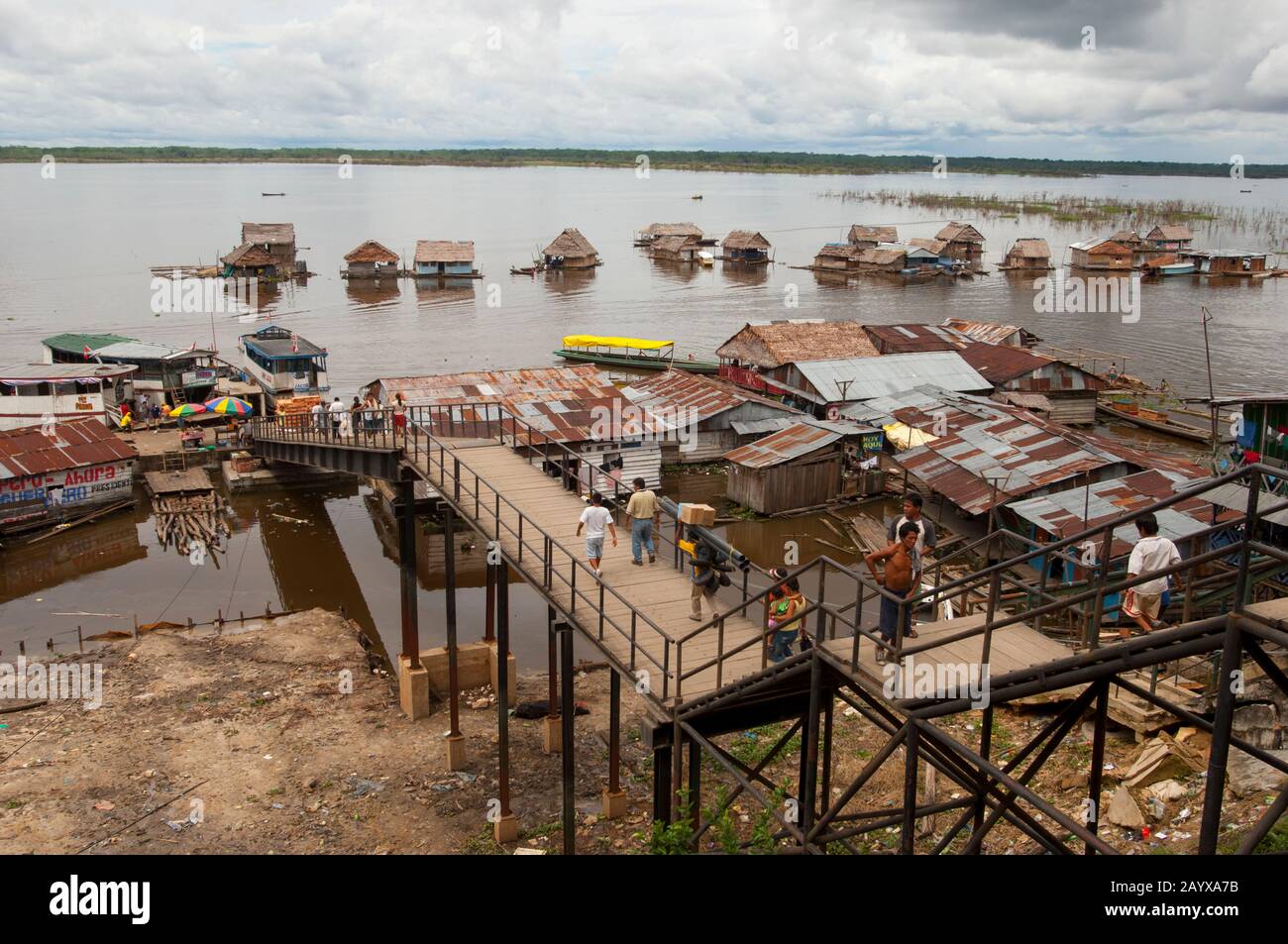 View of floating houses in Belem in Iquitos, a city on the Amazon River ...