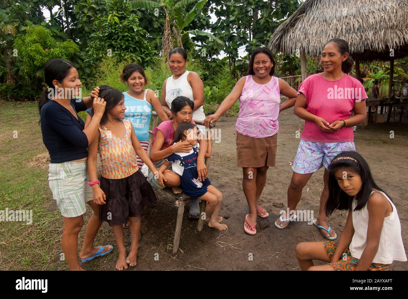 A group of women and girls in a village along the Maranon River in the ...