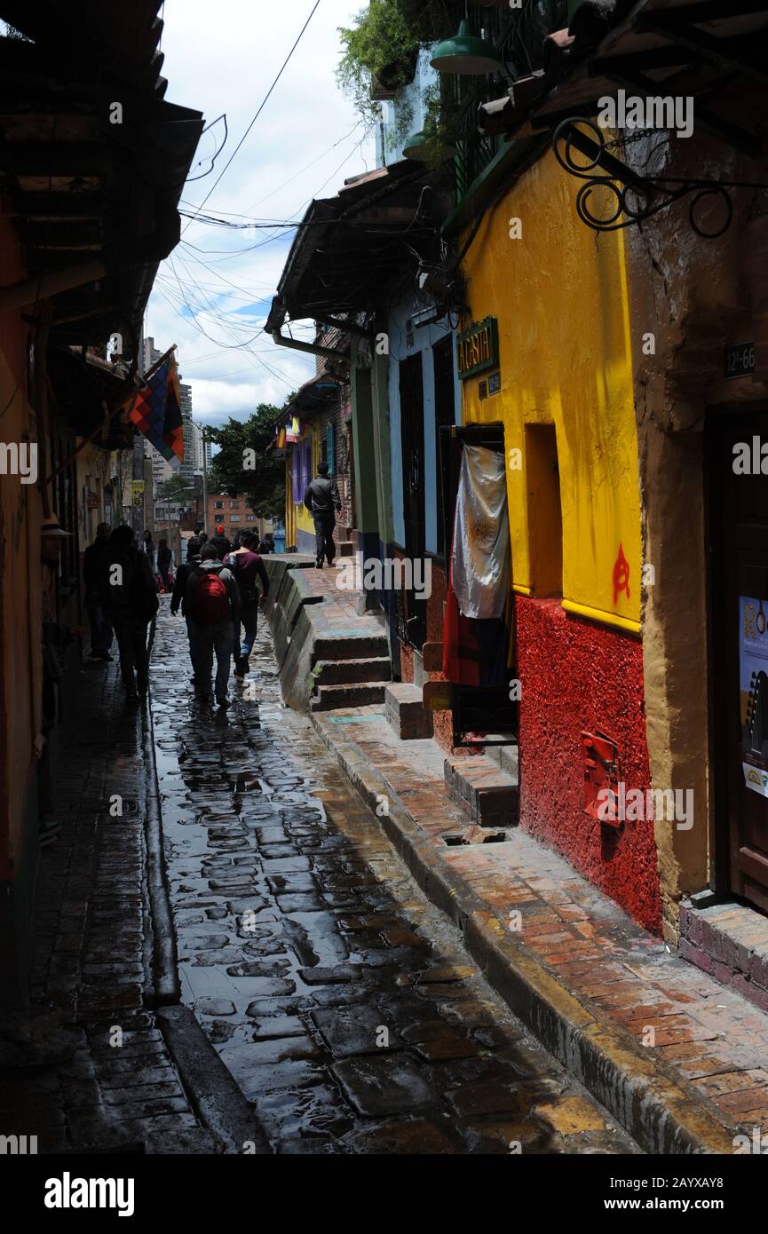 Cobblestone street in La Candelaria, the old town of Bogota, Colombia ...