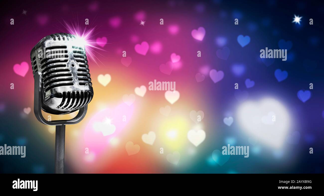 Close up vintage microphone on colorful background, music concert Stock ...