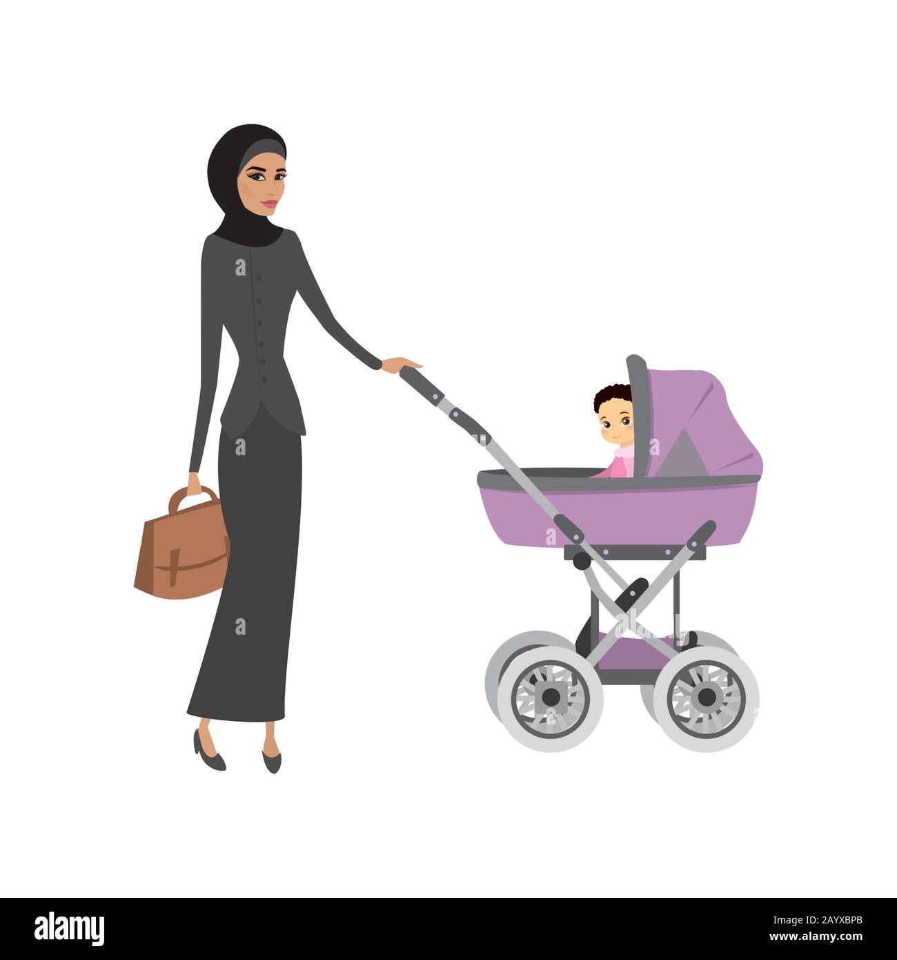 young arabic woman in hijab with a pram and baby,isolated on white ...