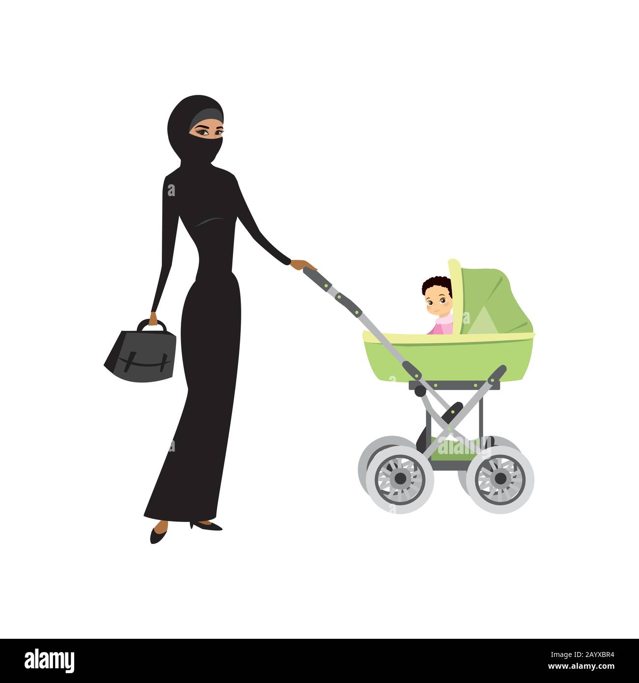 young arabic woman in hijab with a pram and baby,isolated on white ...
