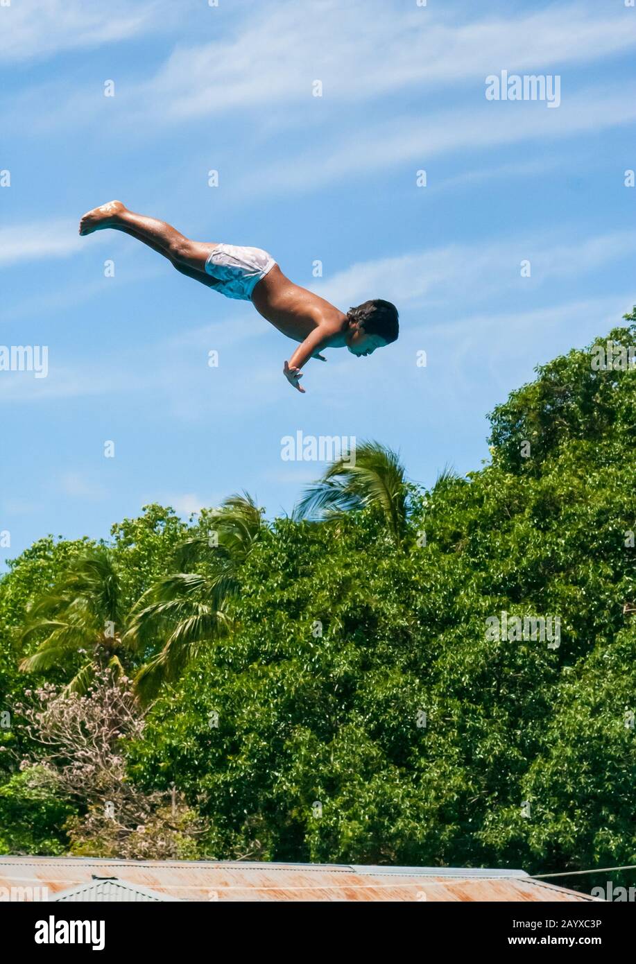 Boy in mid-air dives into swimming pool Stock Photo - Alamy