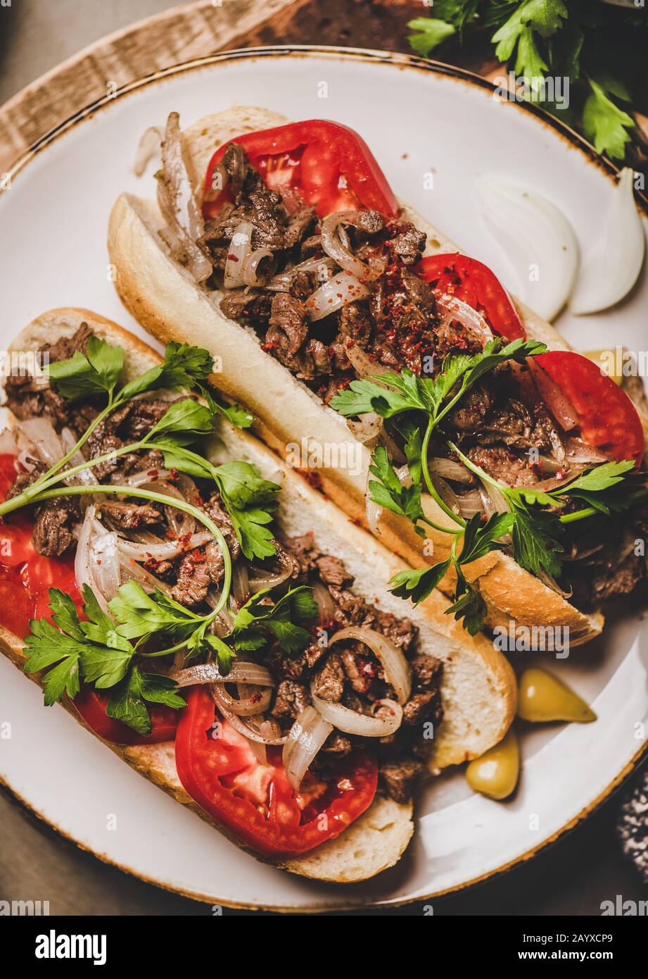Turkish traditional meat sandwich tantuni with beef, top view Stock ...