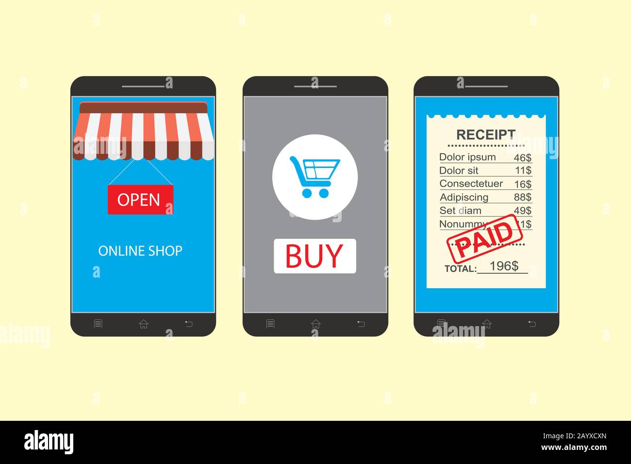 Smartphones with different shopping screen application, flat design ...