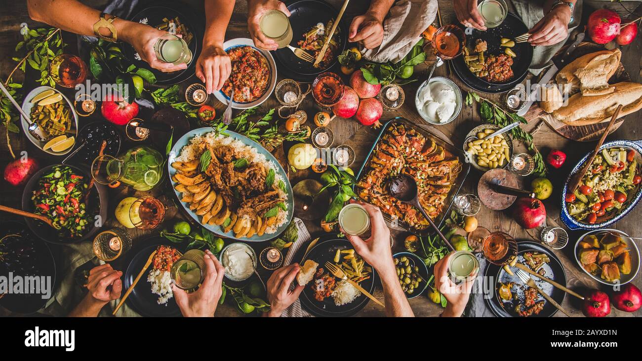 Flat-lay of family celebrating and having Turkish traditional meal ...