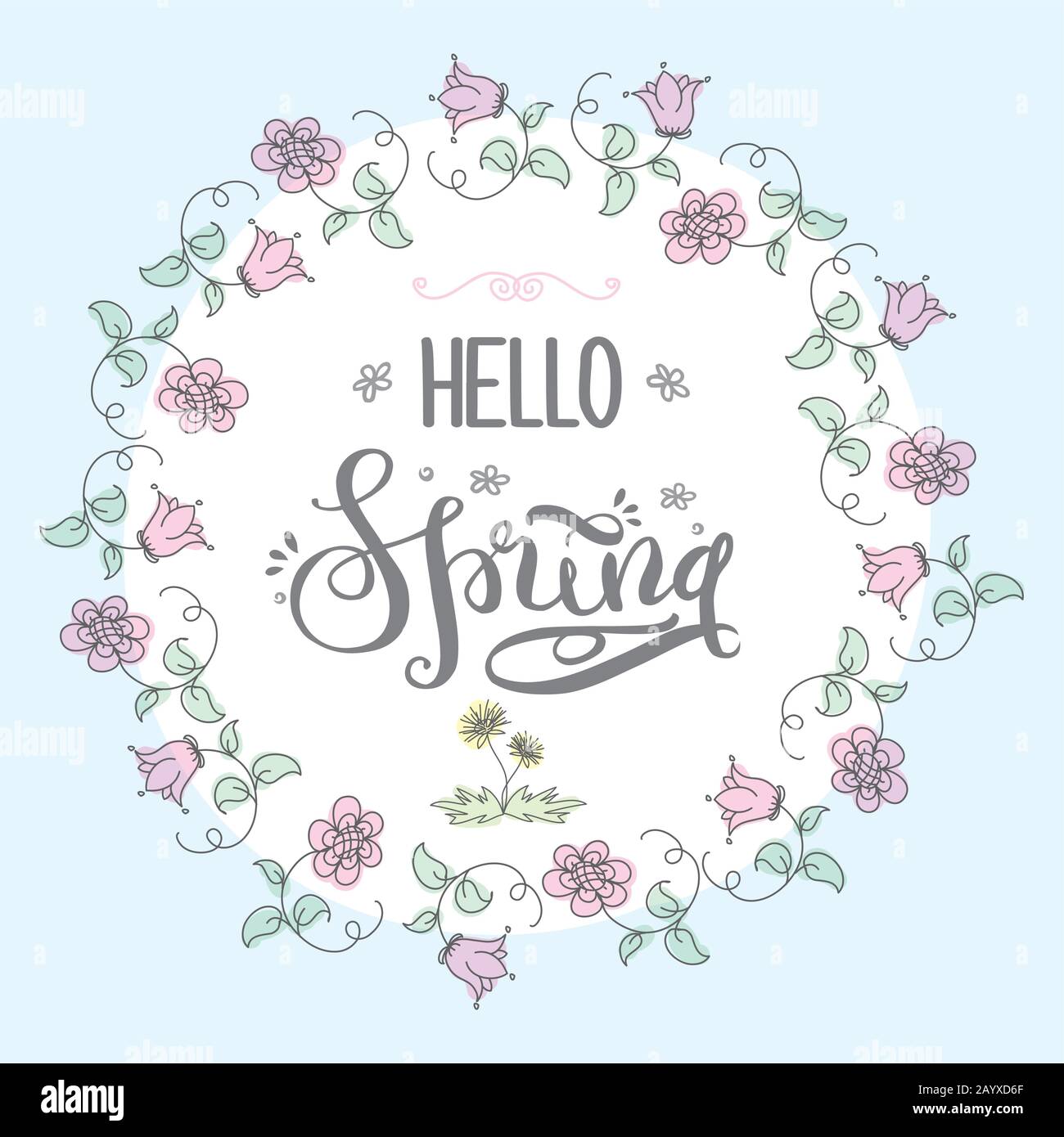 Cute background with flourish frame ,lettering- hello spring,vector ...
