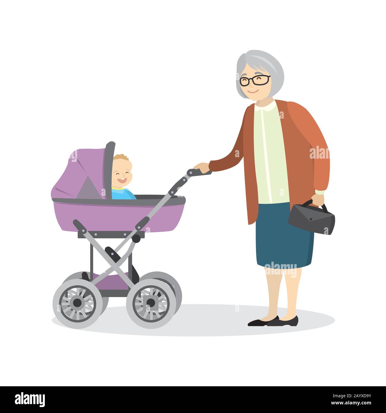 Grandmother with a pram and baby,isolated on white background,cartoon ...