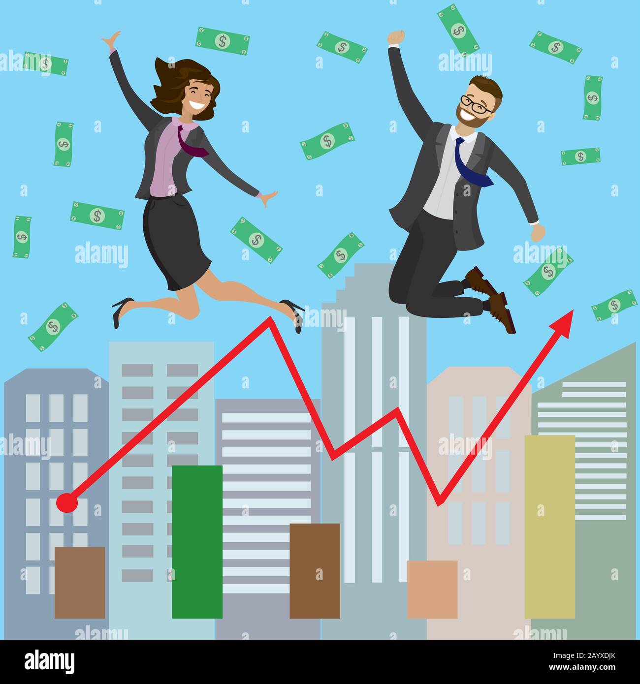 Two happy jumping business people,growing graph,city on background ...