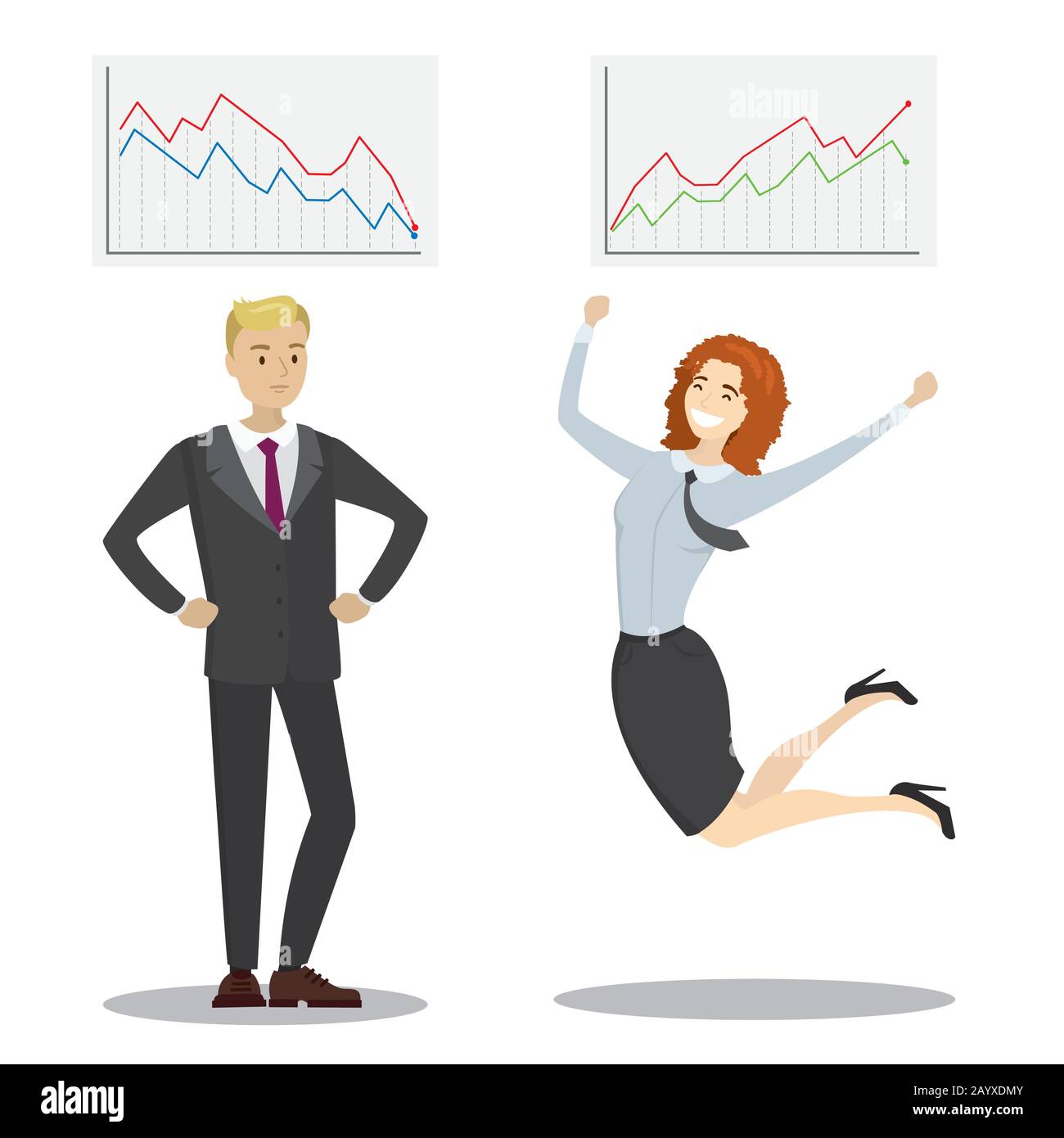 Sad businessman standing and jumping happy business woman,Growing and ...