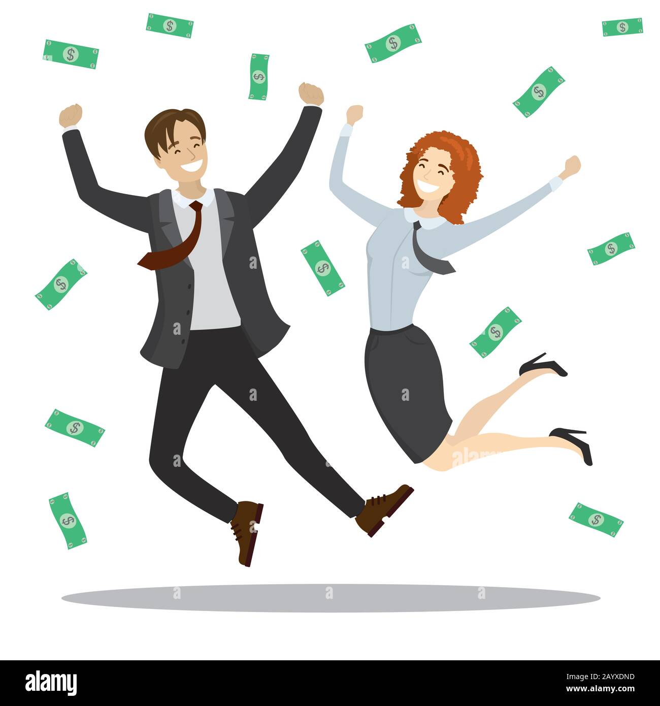 Successful caucasian business people are jumping and bank notes ...