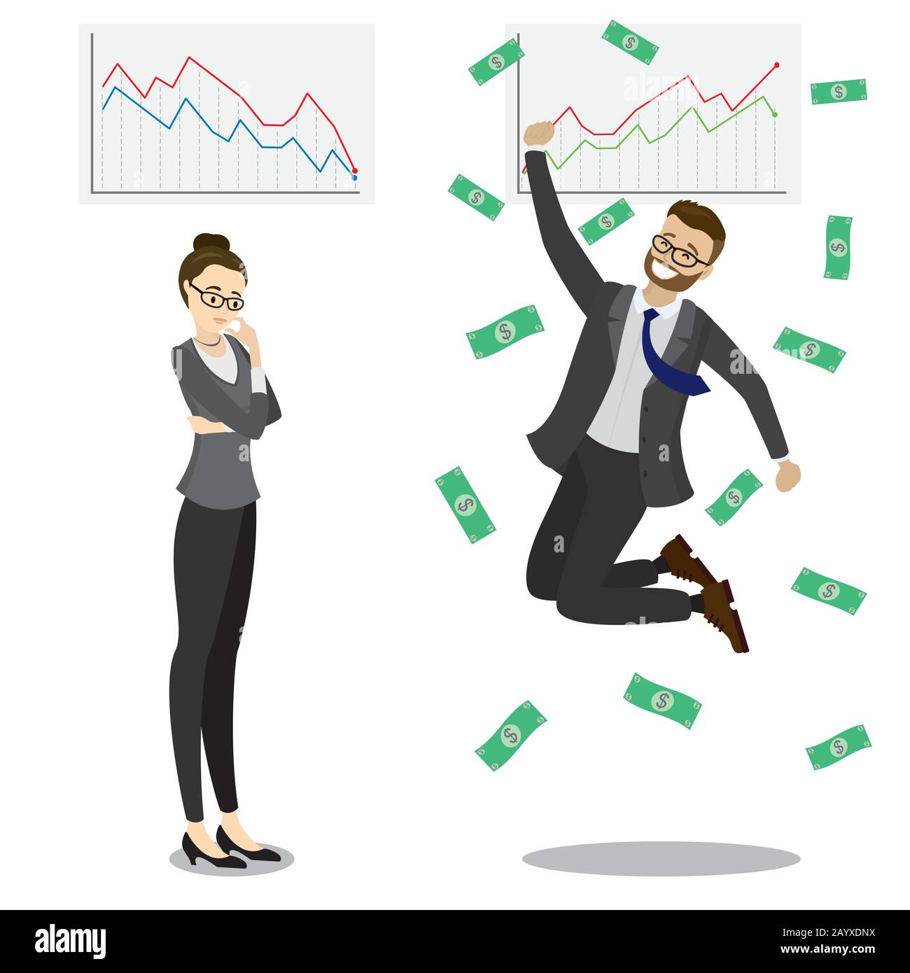 Two business person.Sad business woman with a falling graph and joyful ...