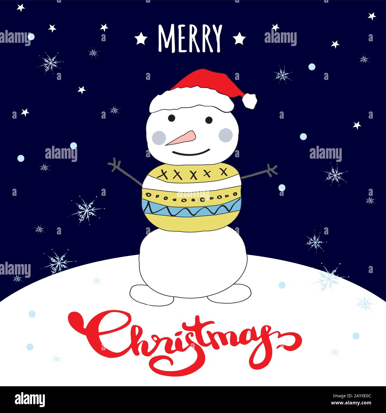 Cute Merry Christmas winter card with doodle snowman,vector ...