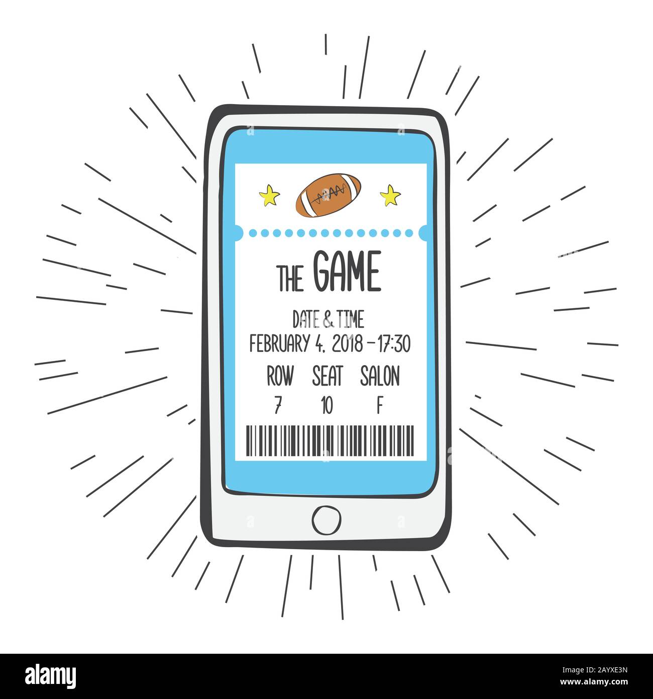 Game ticket on smartphone screen,cool doodle vector illustration Stock ...