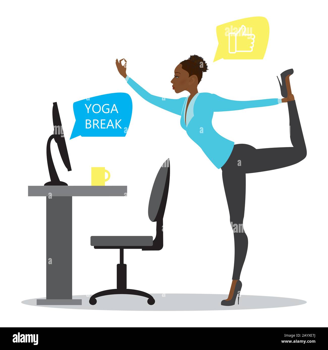African american business woman in a yoga pose in the office at work ...