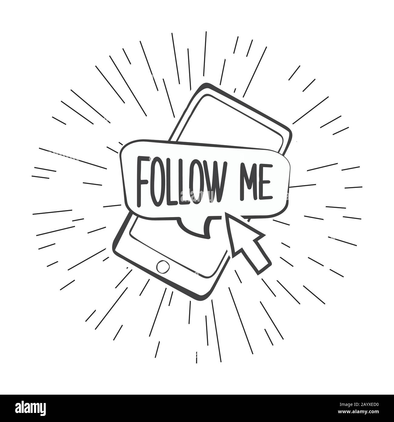 Follow me speech bubble on smart phone screen with cursor,cool doodle ...