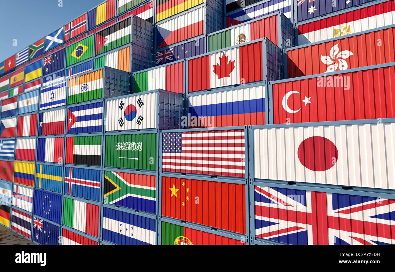 Container Terminal - Freight container with different national flag ...
