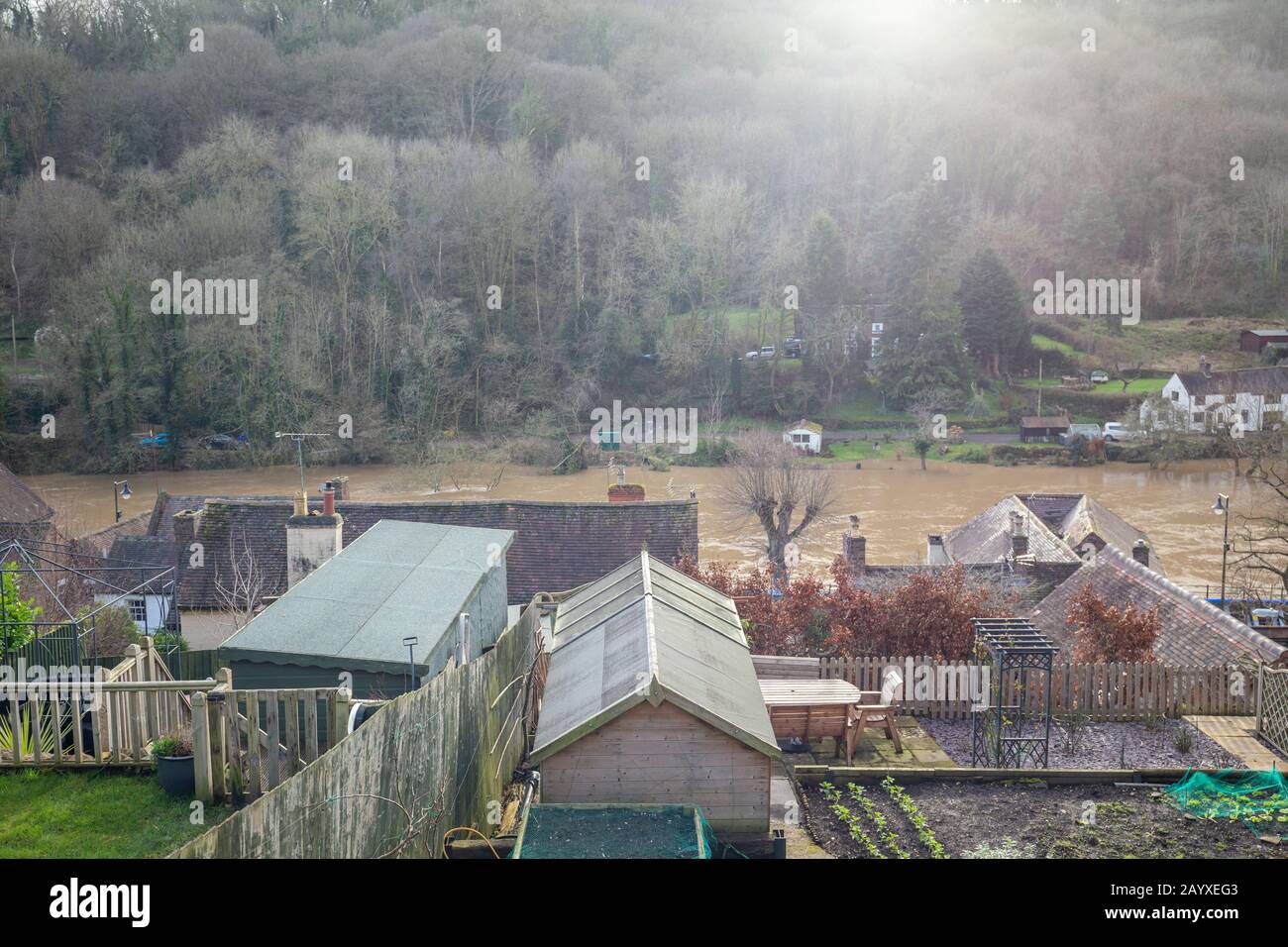 Elevated view over River Severn flooding in Ironbridge after Storm ...
