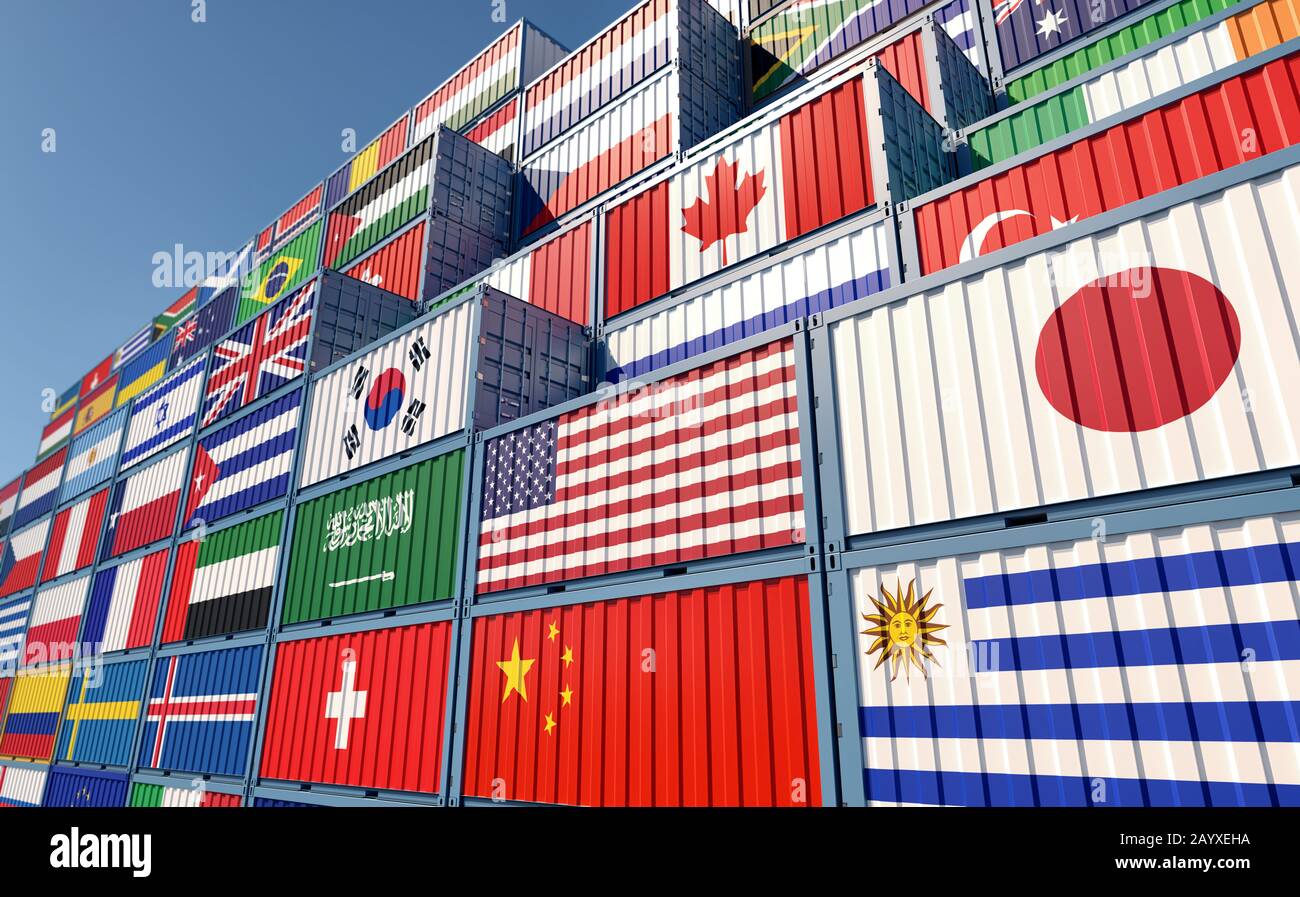 Container Terminal - Freight container with different national flag ...