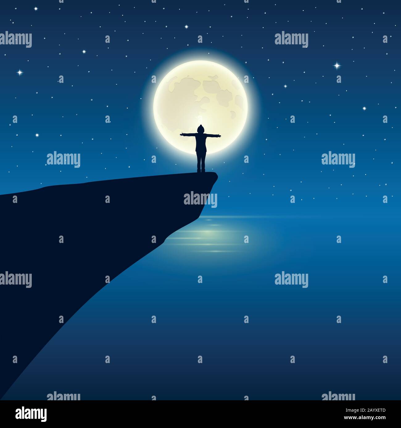 girl with raised arm enjoy the full moon by the ocean vector ...
