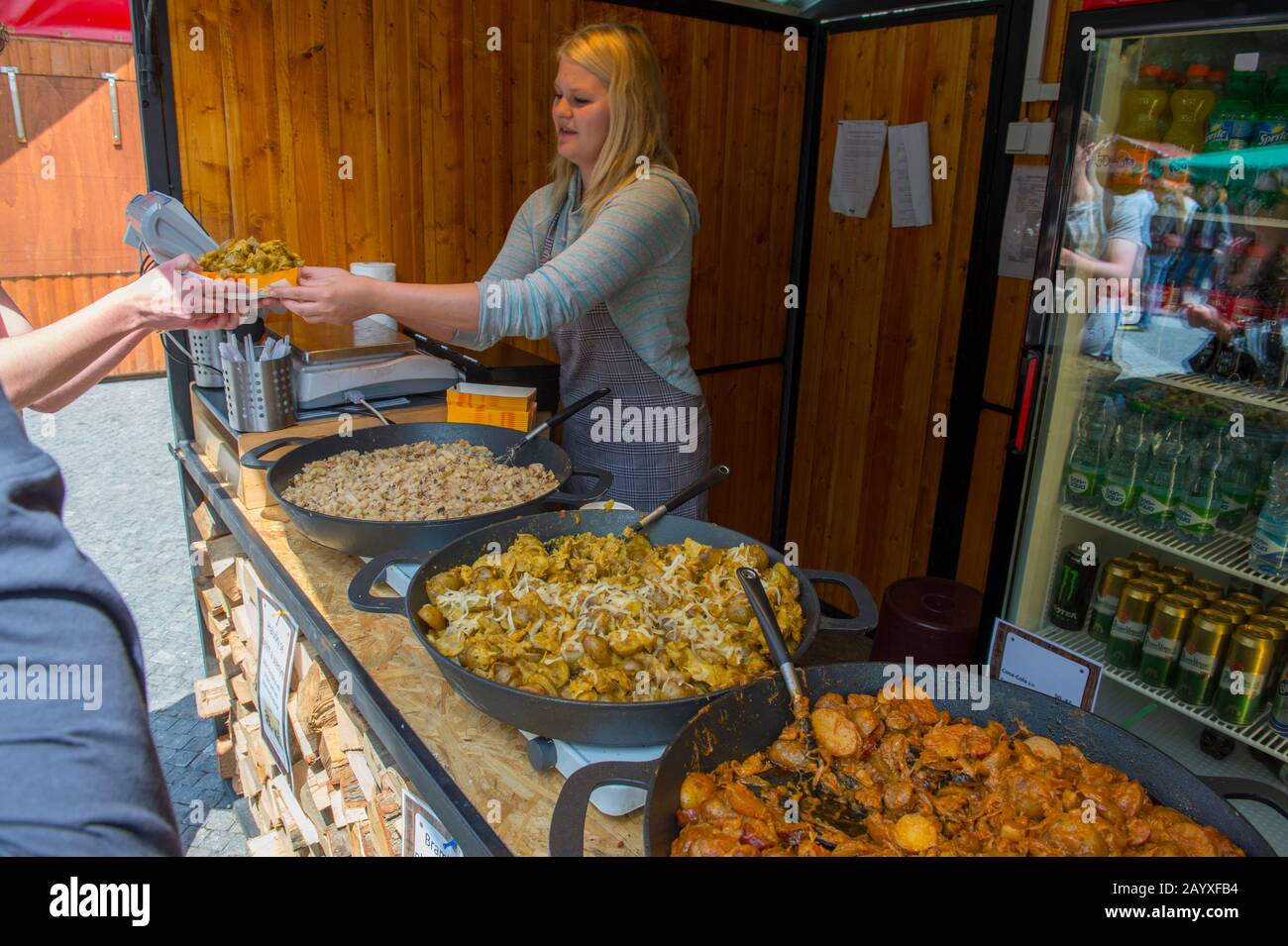 Typical Czech fast food at a food stand on Wenceslas Square which is ...