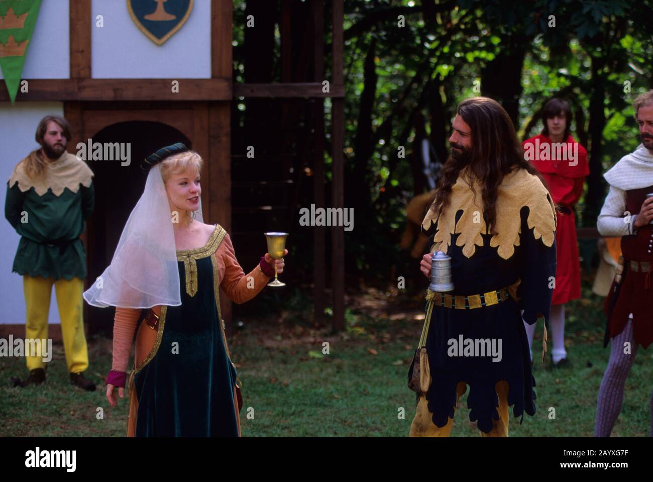 Actors in medieval costumes at a 14th Century reenactment at the ...