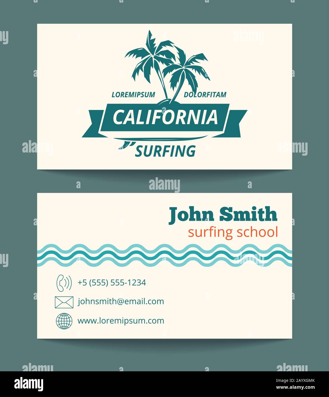 Surfing school instructor card template. Banner with wave ocean, vector ...