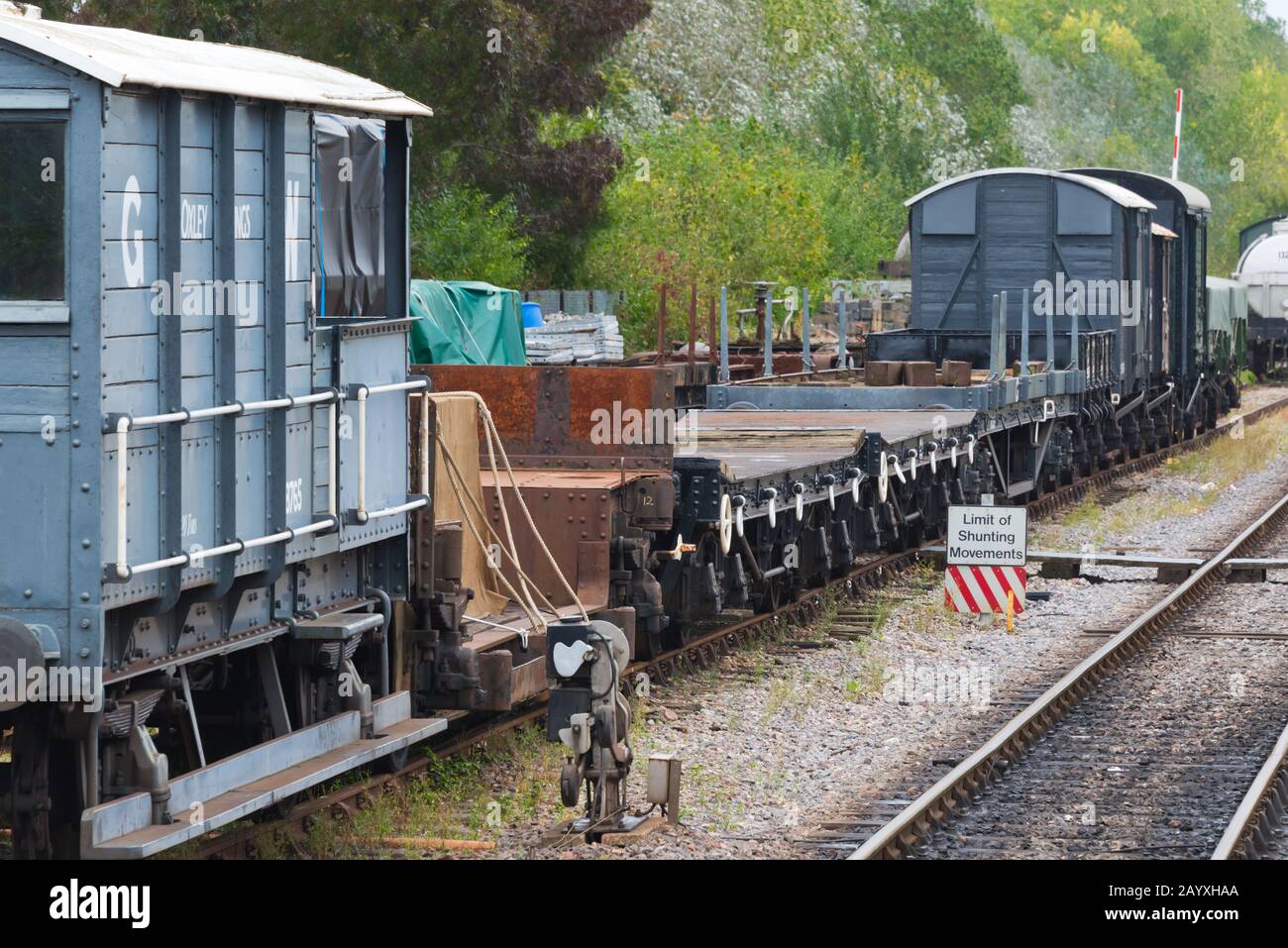 a restored goods train in the sidings at Minehead Railway Station on ...